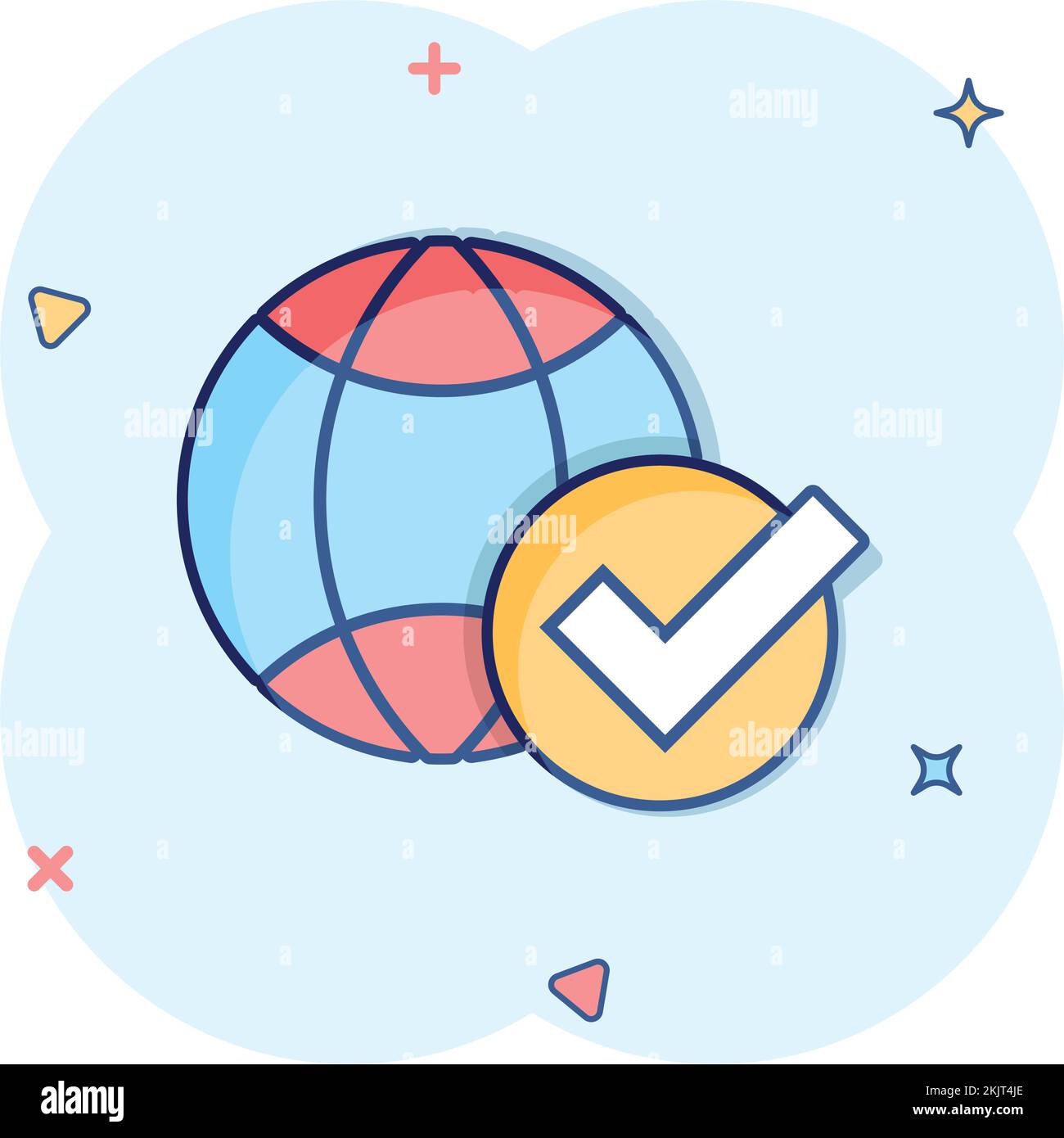 Globe check mark icon in comic style. World approval cartoon vector ...