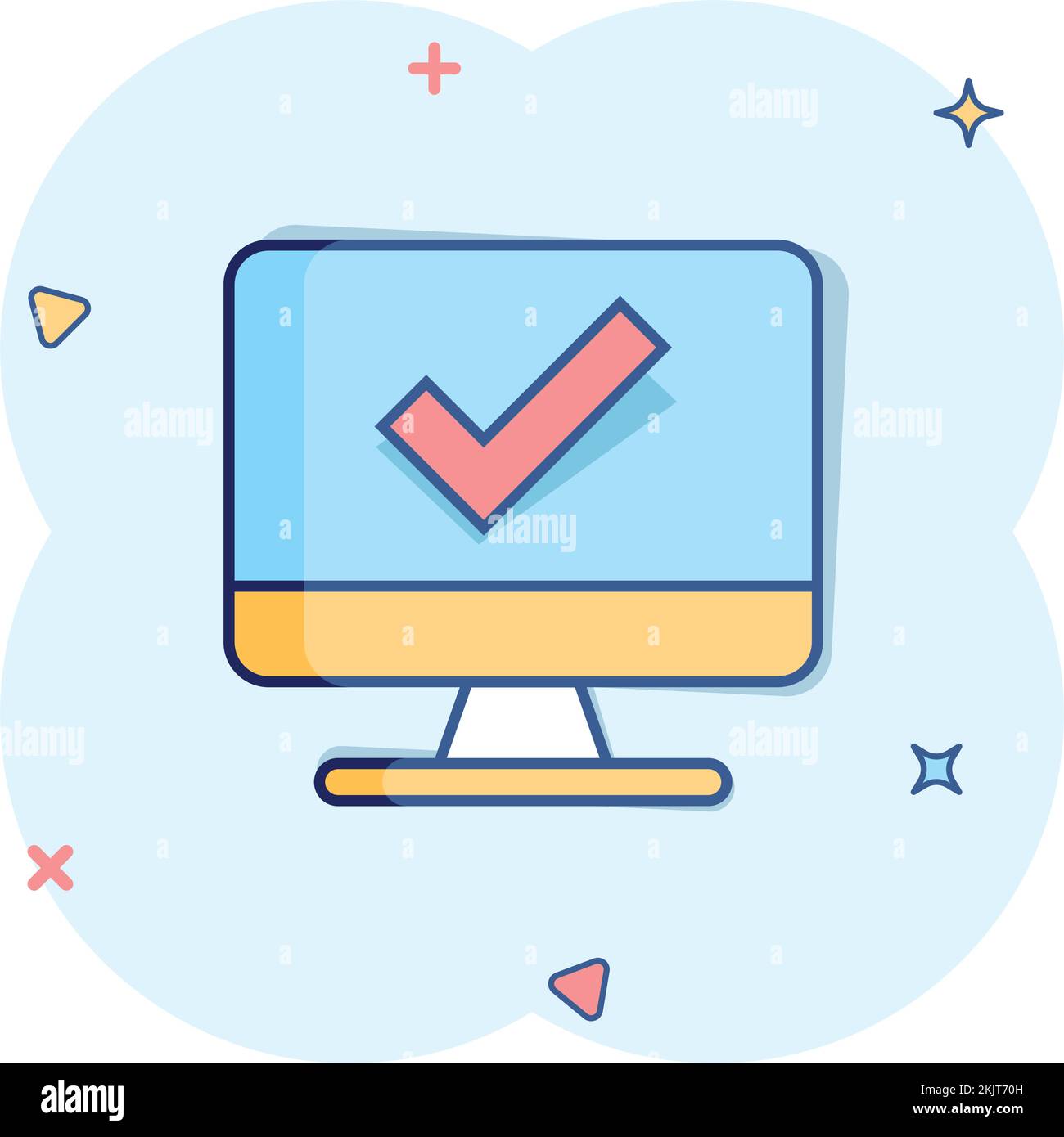Computer check mark icon in comic style. Survey approval cartoon vector illustration on white ...