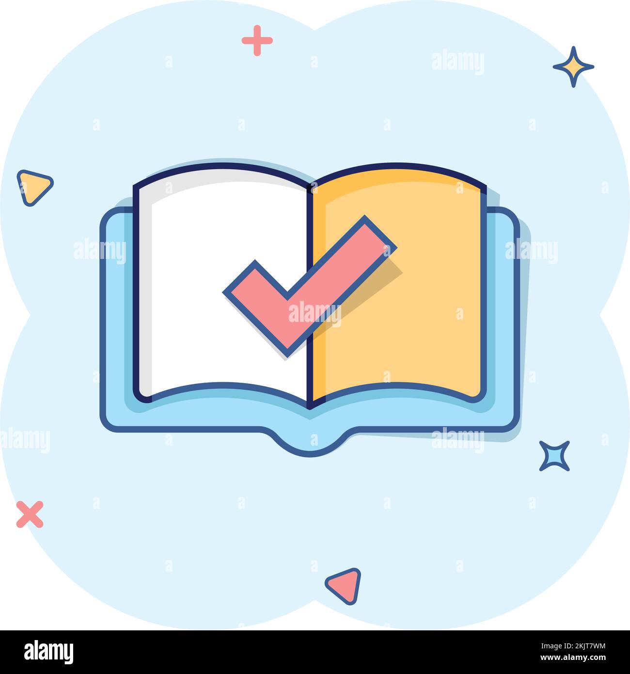 Book check mark icon in comic style. Bookmark approval cartoon vector ...