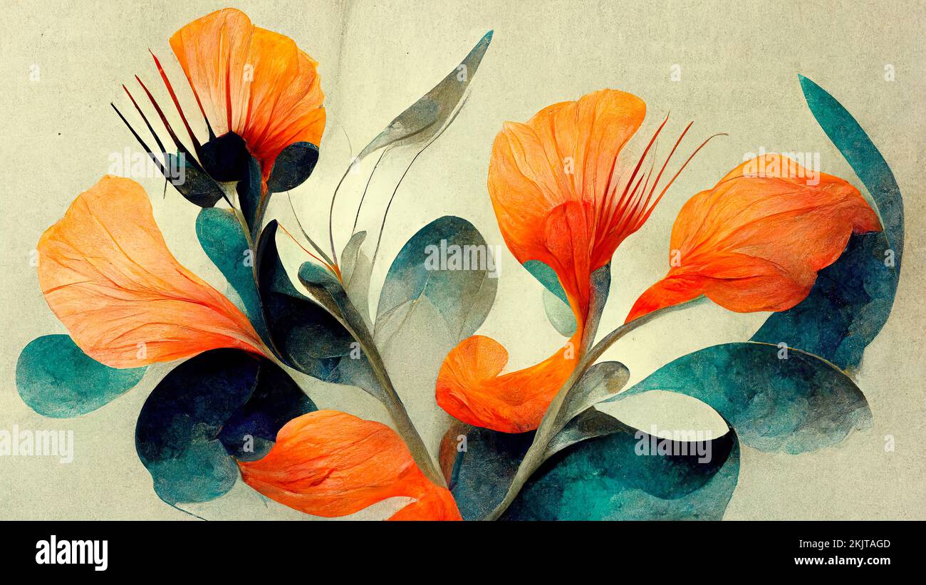 Abstract composition of plants and flower petals painting color texture ...