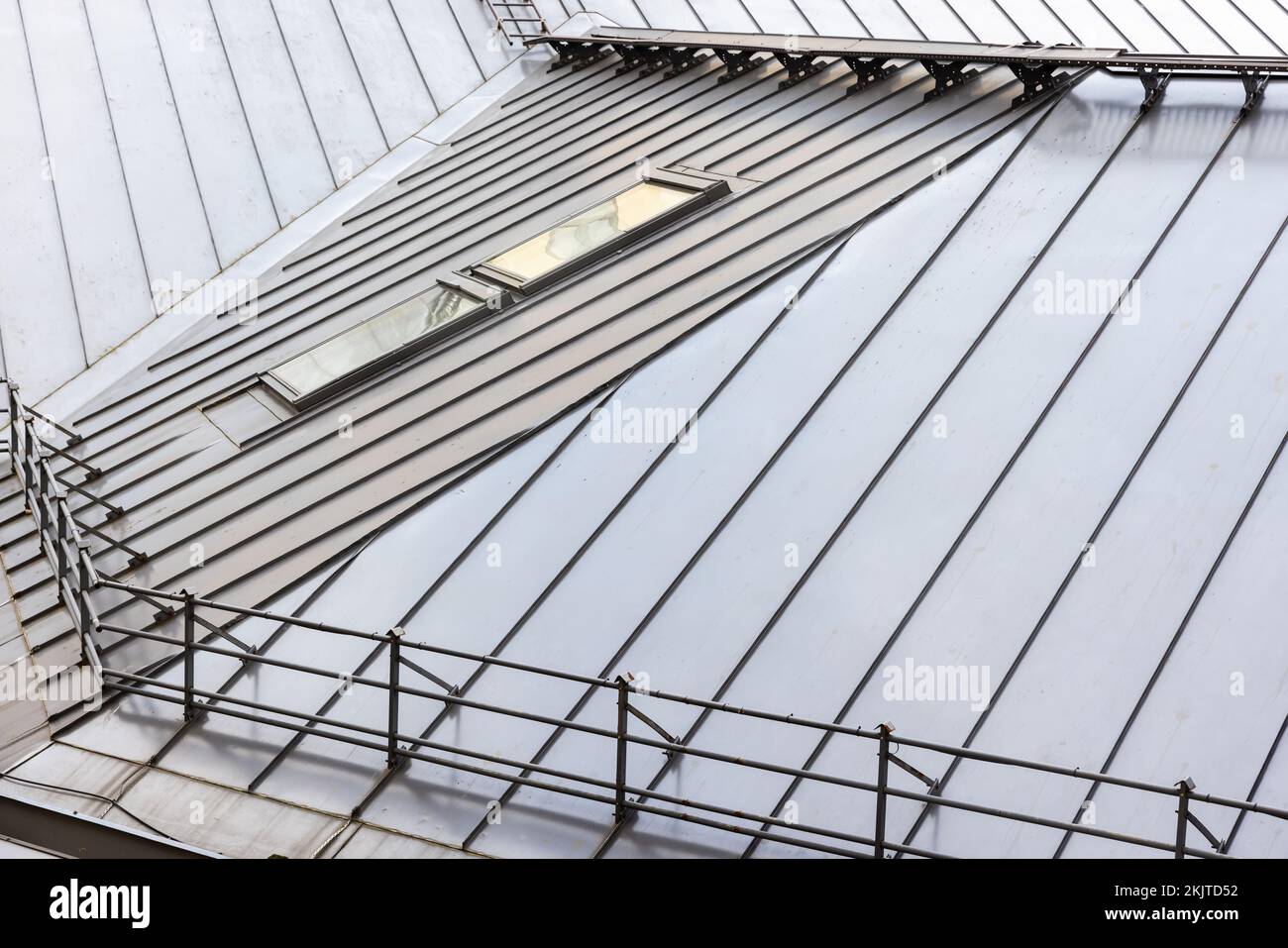 Metal roof with railings and attic window, modern architecture details ...
