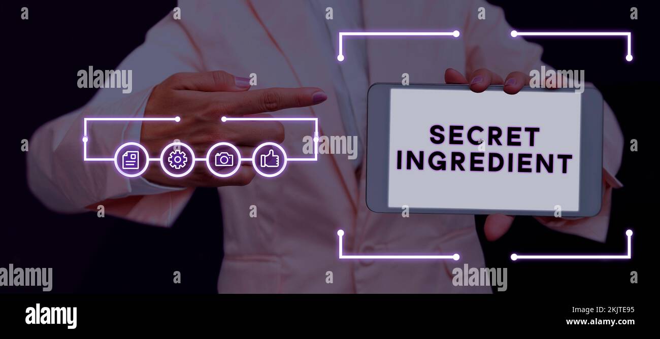 Hand writing sign Secret Ingredient. Word for special technique or ...
