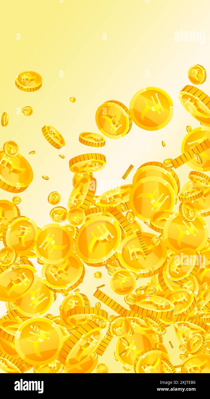 Indian rupee coins falling. Scattered gold INR coins. India money ...