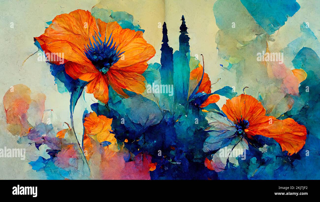 Abstract composition of plants and flower petals painting color texture ...