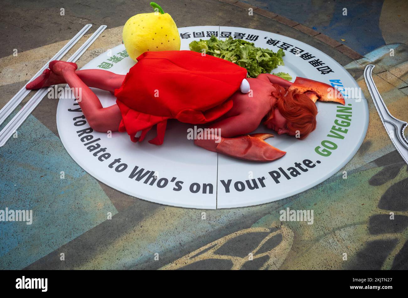 Taipei. 25th Nov, 2022. An PETA animal rights activist painted red and ...