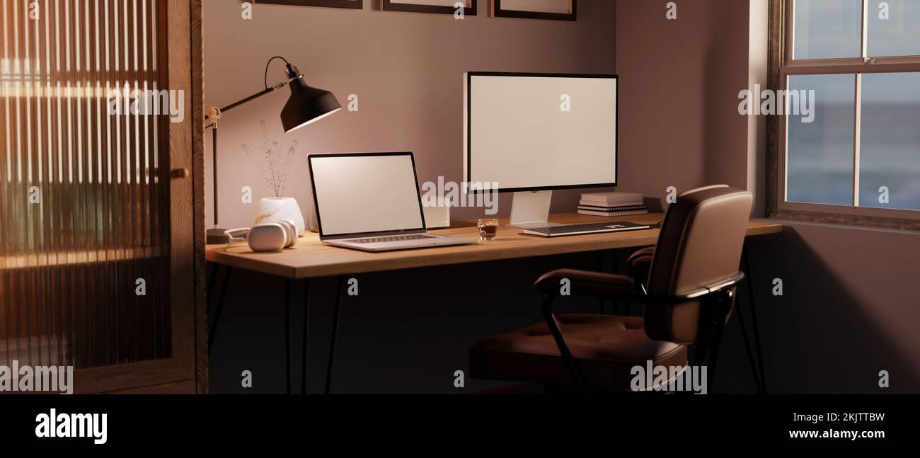 Comfortable home workspace with PC desktop computer and laptop white ...