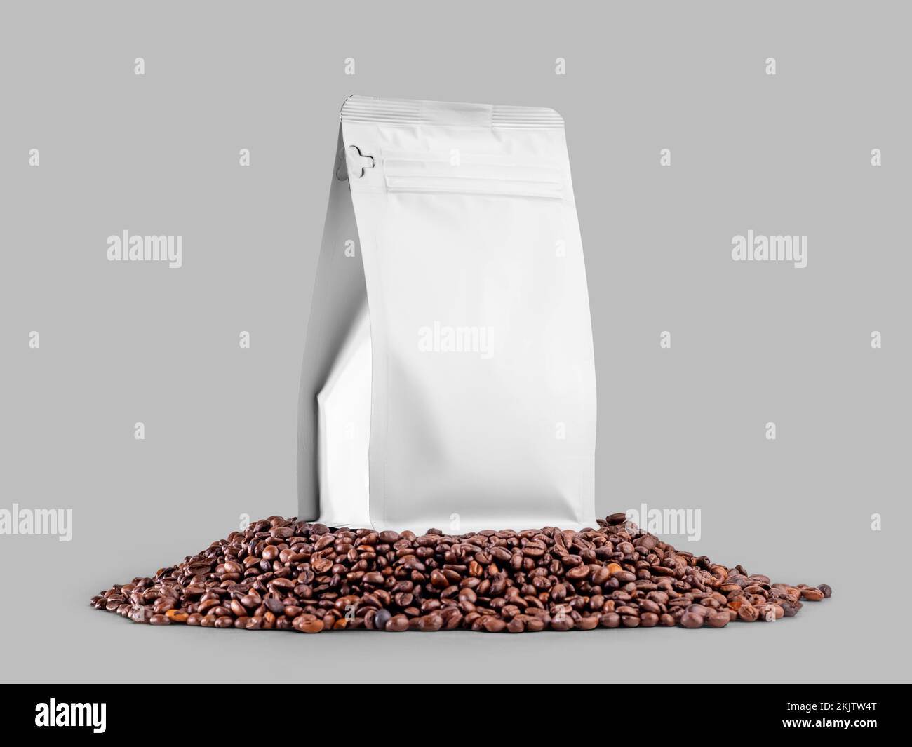 Mockup of white doy pack, zip gusset packaging on coffee beans ...