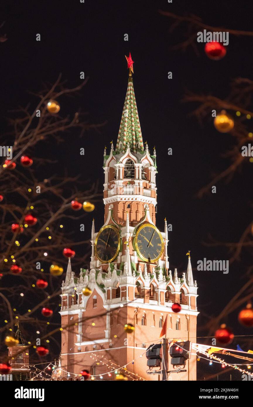 Moscow, Russia - January 7, 2022: Spasskaya tower of the Moscow Kremlin ...