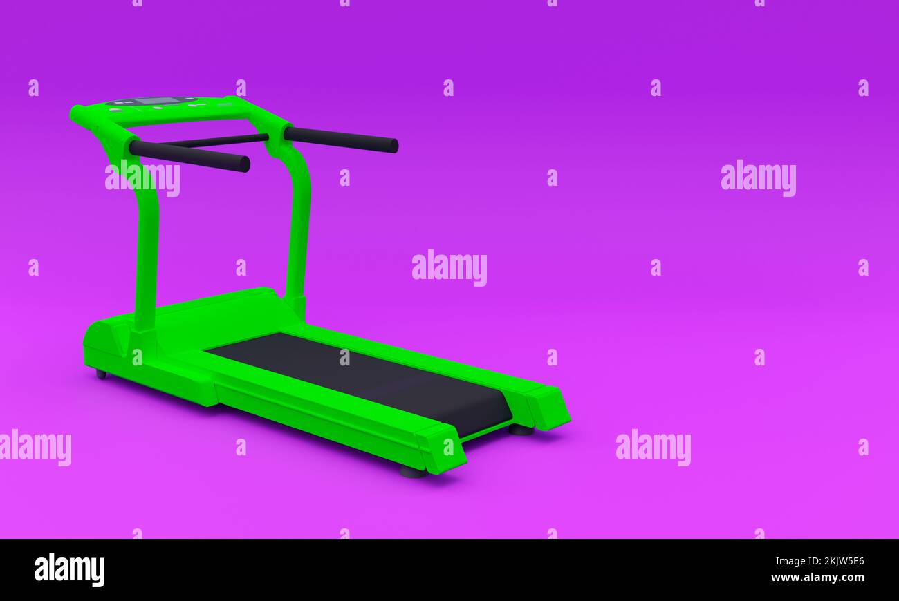A 3D illustration of a sports treadmill background on a purple ...