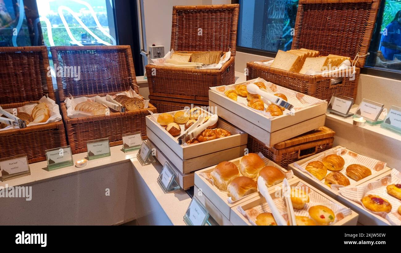Bread in a basket at a breakfast buffet in a luxury hotel Stock Photo ...