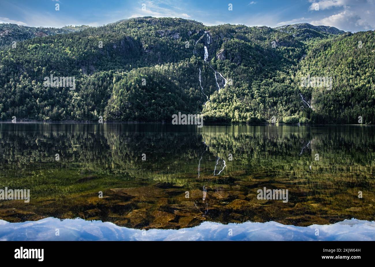 Landscape picture of mountains and waterfalls reflecting in a lake, low ...