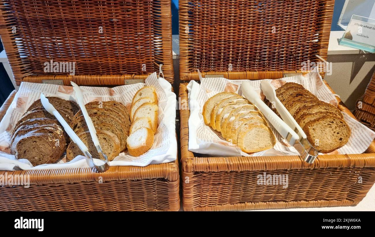 Bread in a basket at a breakfast buffet in a luxury hotel Stock Photo ...