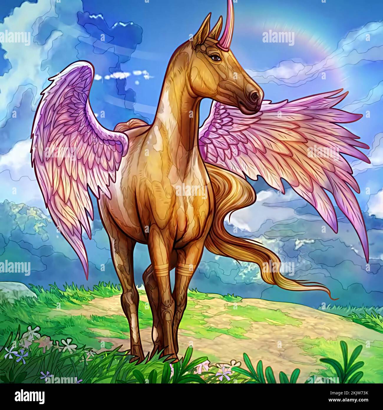 illustration of a brown pegasus with purple wings against a background ...