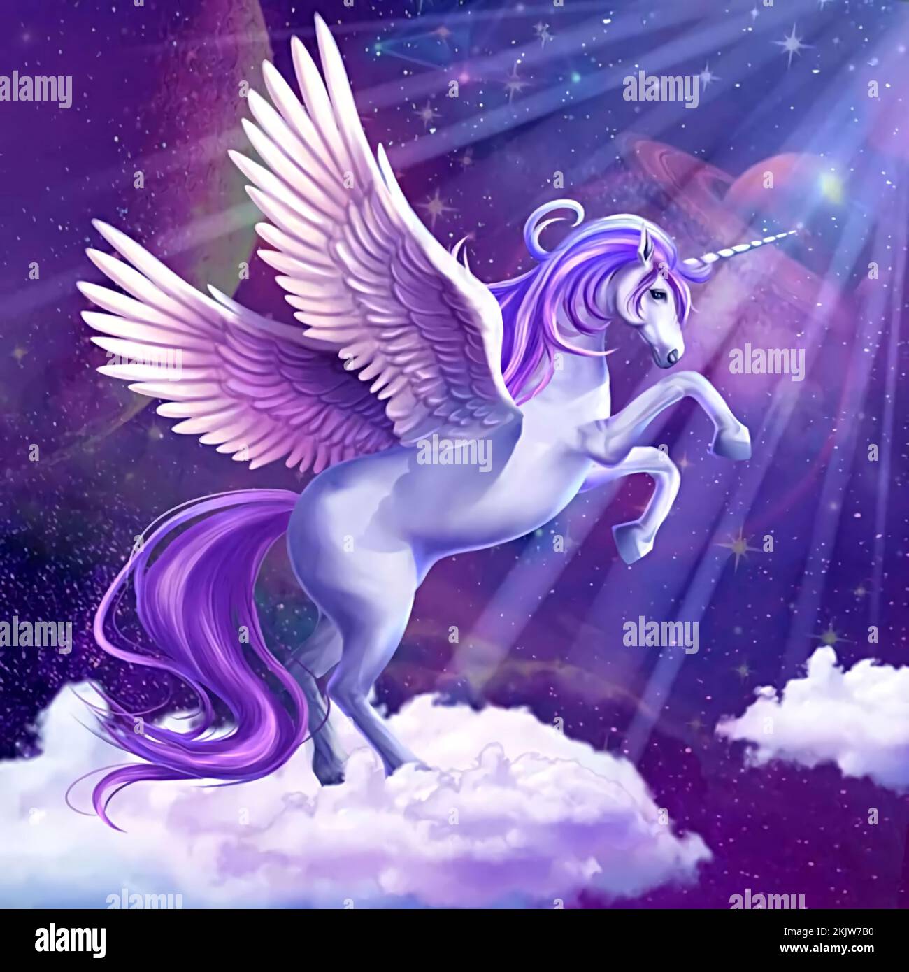 Illustration of a purple Pegasus standing on a cloud in the sky Stock ...