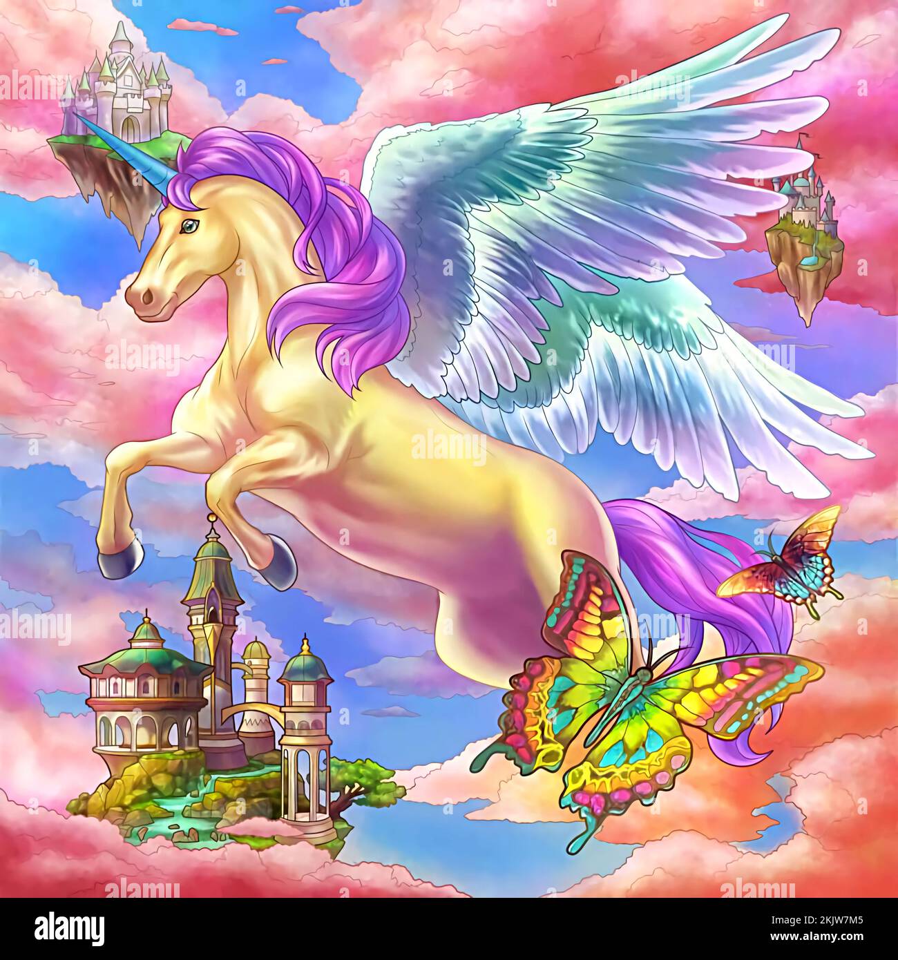 illustration of a golden pegasus with purple hair and white wings ...