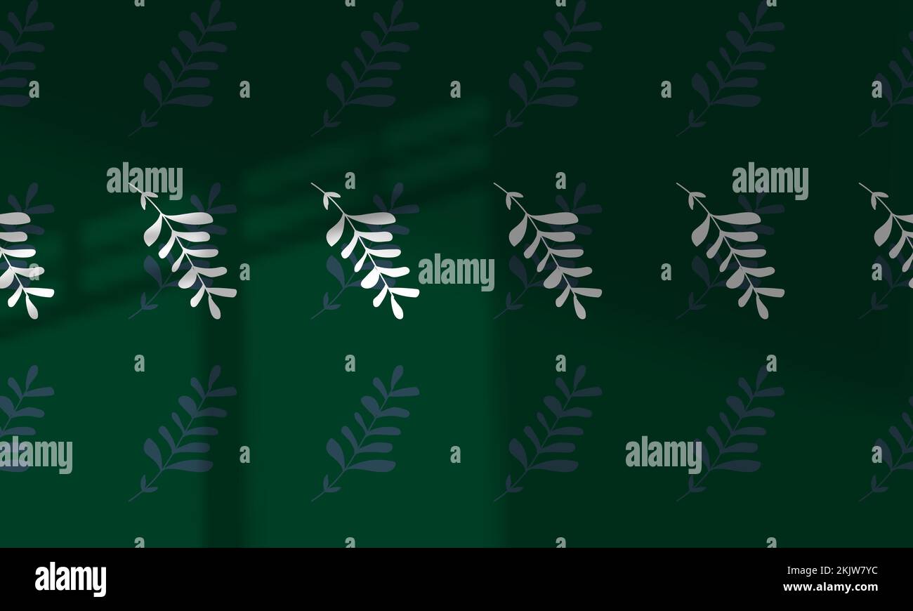 A seamless pattern with white leaves on dark green background with ...