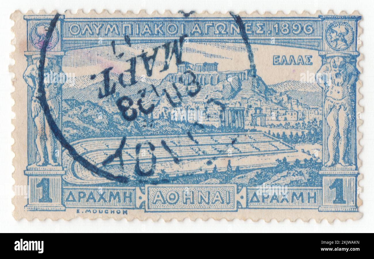 GREECE - 1896: An 1 drachma blue postage stamp depicting Stadium and ...
