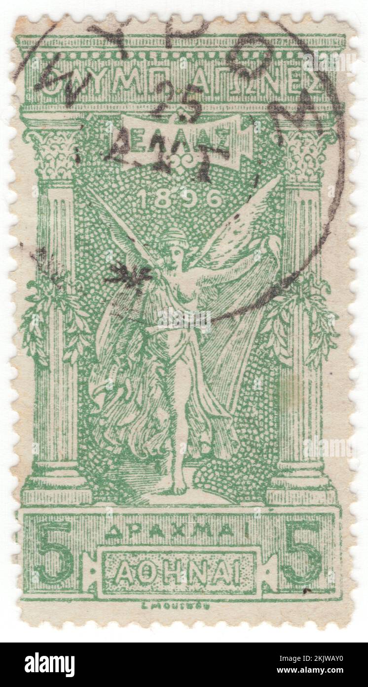 GREECE - 1896: An 5 drachma green postage stamp depicting Statue of ...