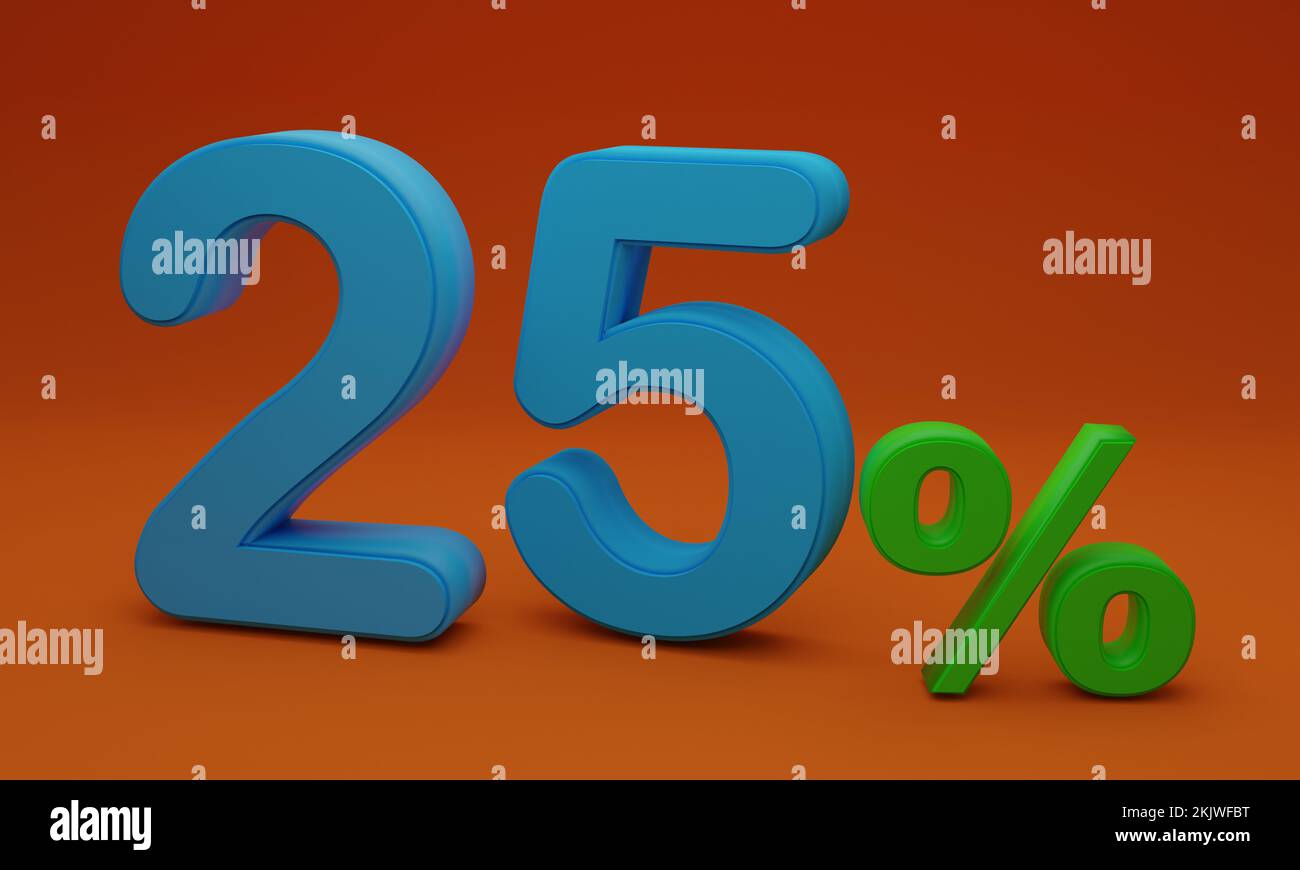 A 3D illustration of a 25 percent sign on orange background - discount ...