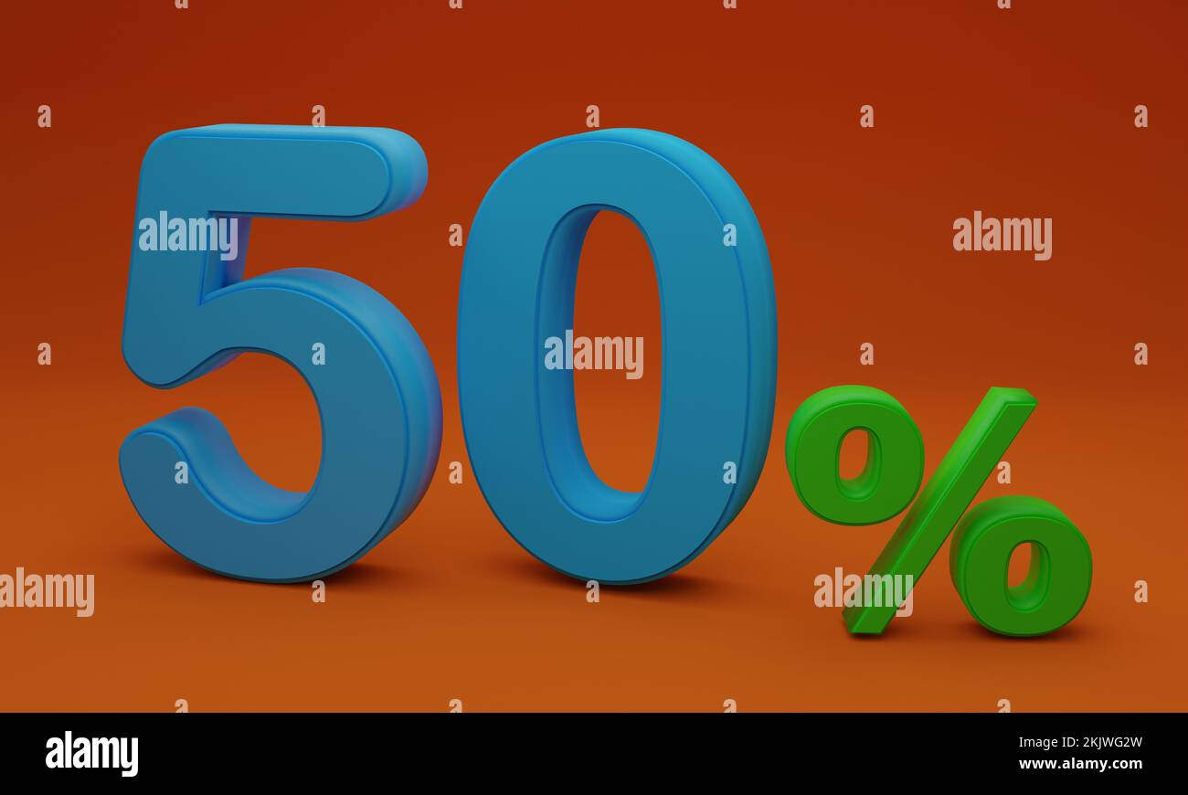 A 3D illustration of a 50 percent sign on orange background - discount ...