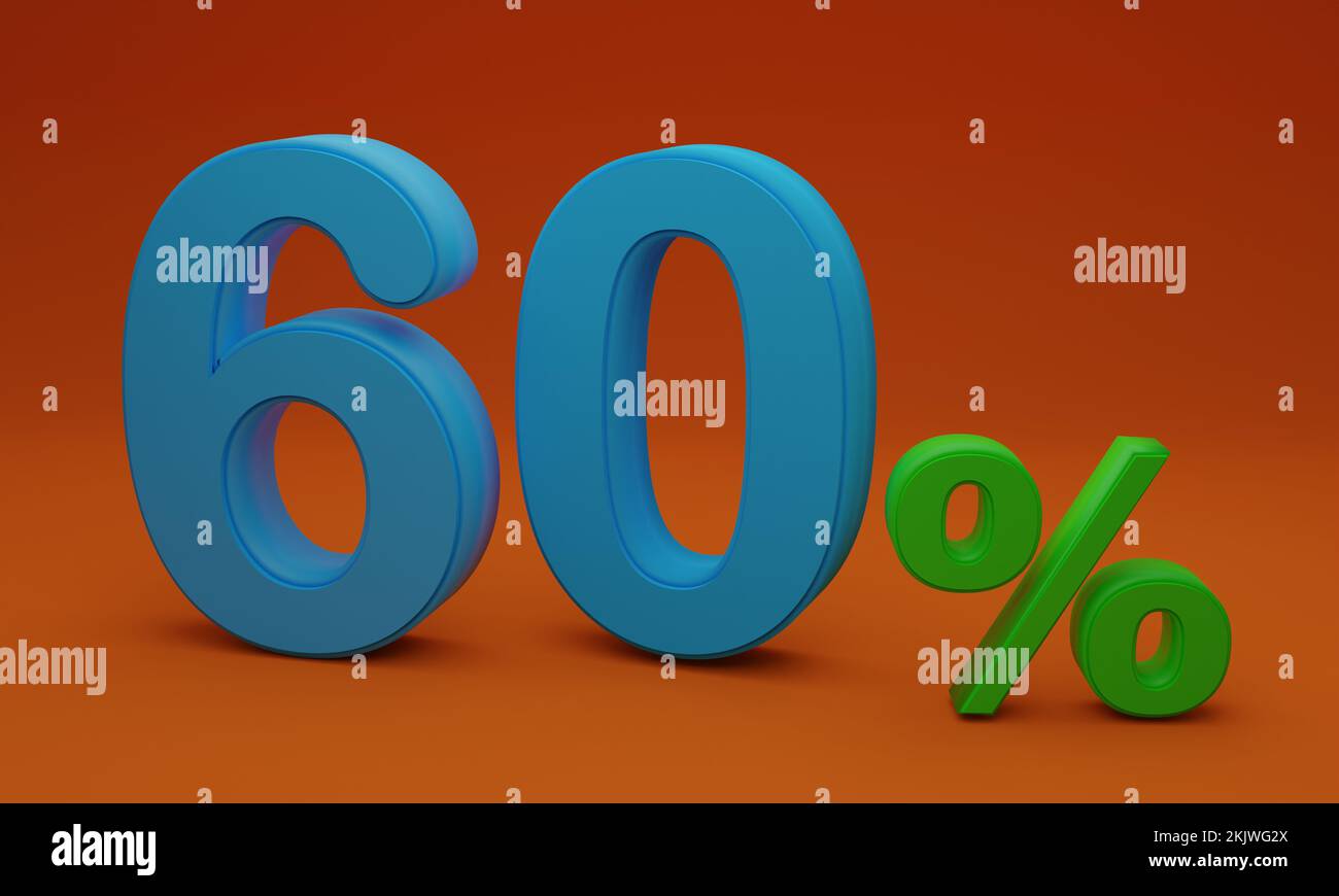 A 3D illustration of a 60 percent sign on an orange background ...