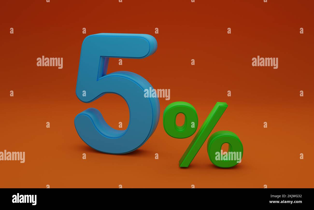 A 3D illustration of a 5 percent sign on orange background - discount ...