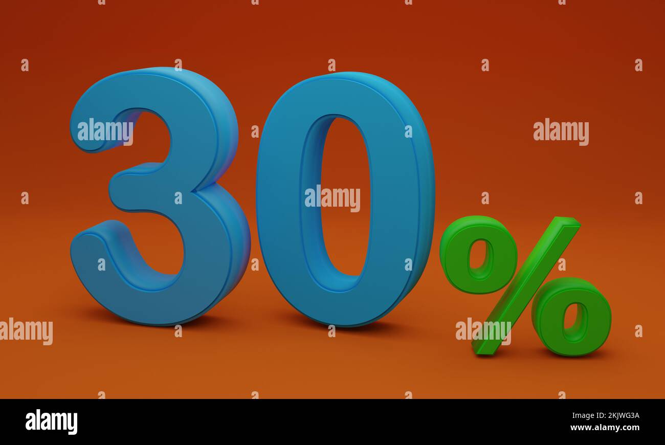A 3D illustration of a 30 percent sign on orange background - discount ...