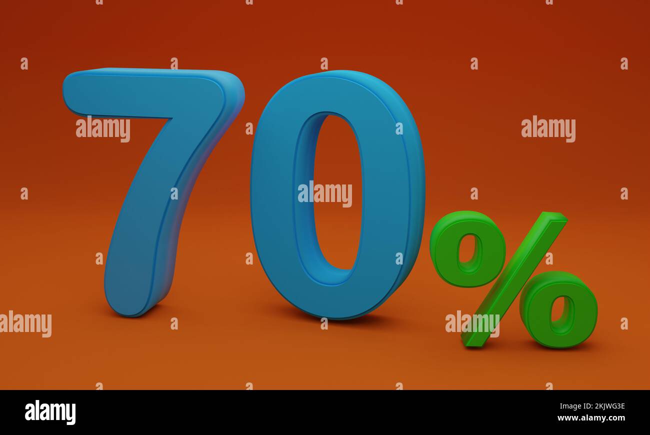 A 3D illustration of a 70 percent sign on an orange background ...
