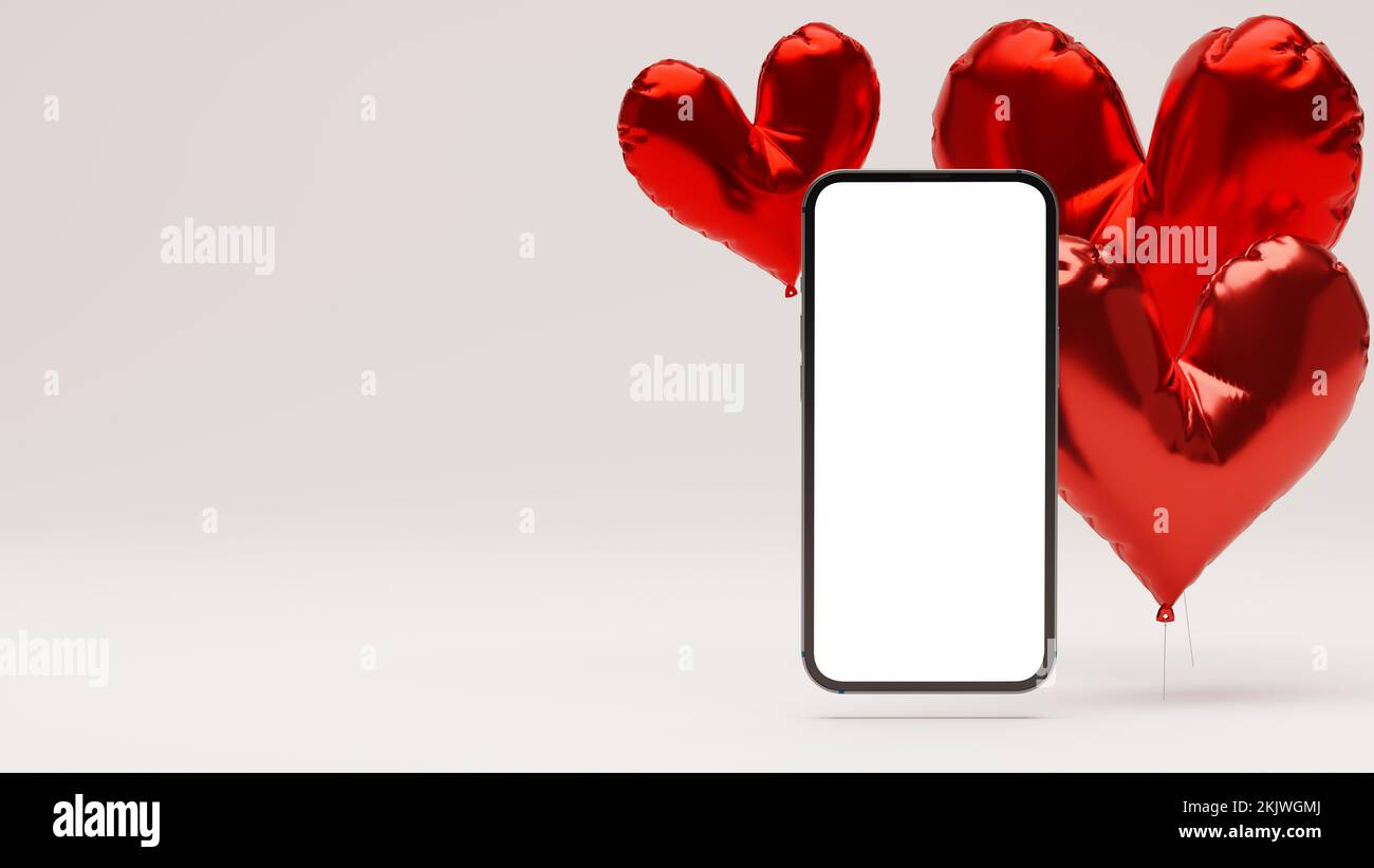 cell phone mockup with blank screen and heart shaped balloons. happy ...