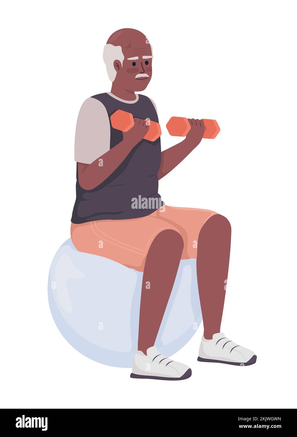 Senior man doing sports exercises semi flat color vector character ...