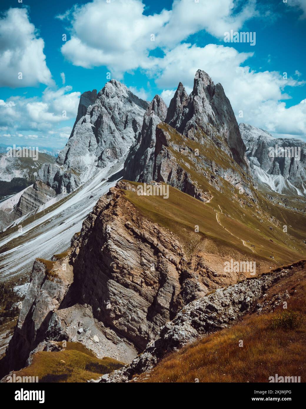 A vertical of the scenic Seceda mountain peak captured in winter in ...