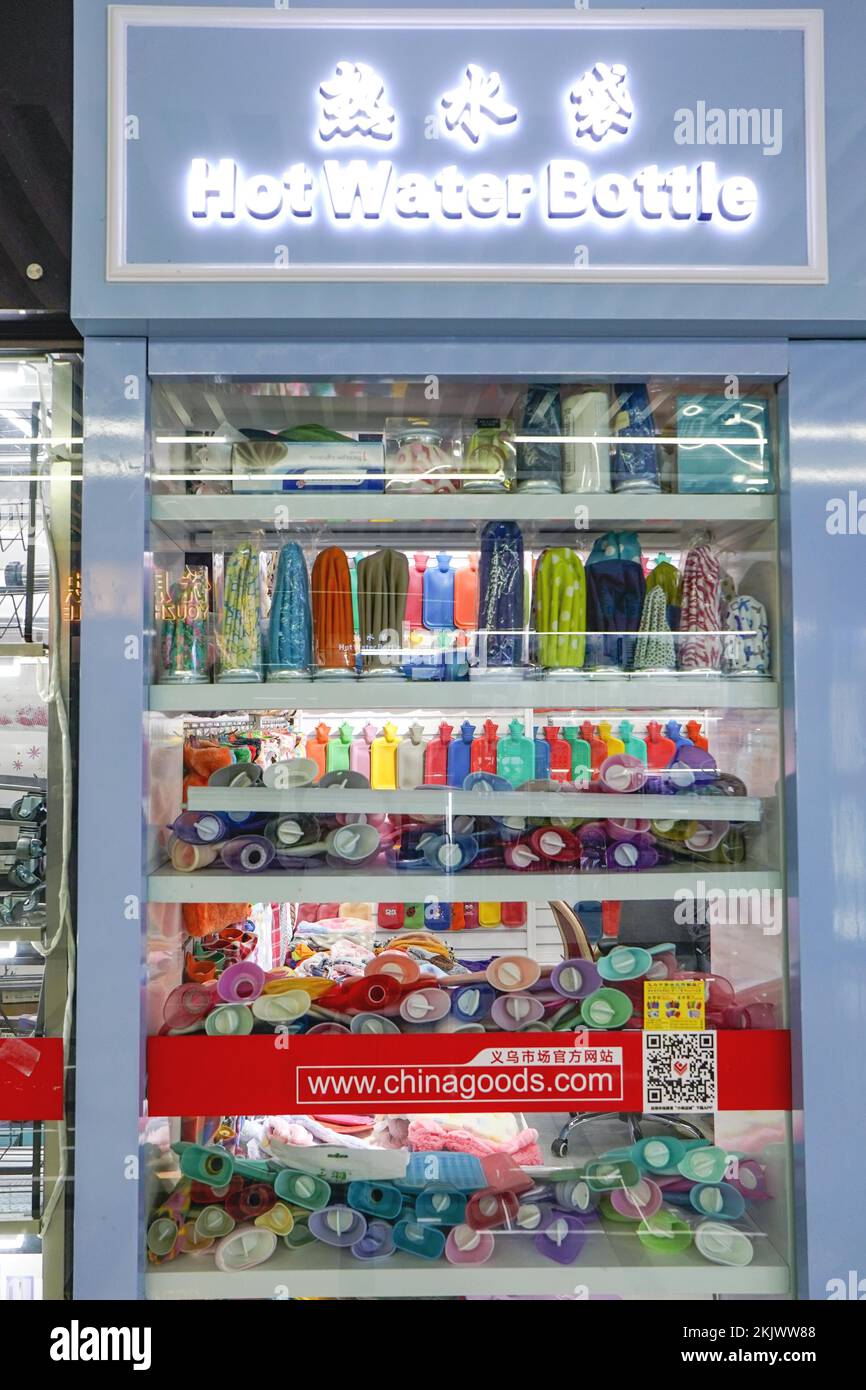 Various hot water bottles attracted people to buy in Yiwu International Trade Mart in Yiwu City ...