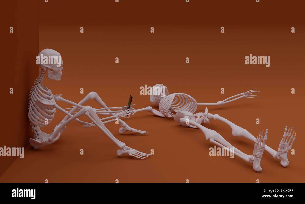 A 3D illustration of two human skeletons one with mobile in hand Stock ...