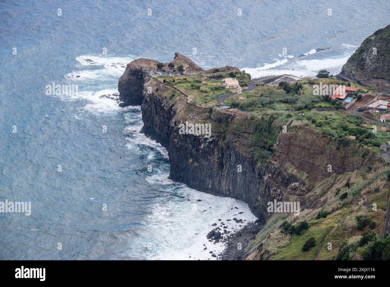 aerial landscape with scenic overlook on little peninsula at Madeira ...