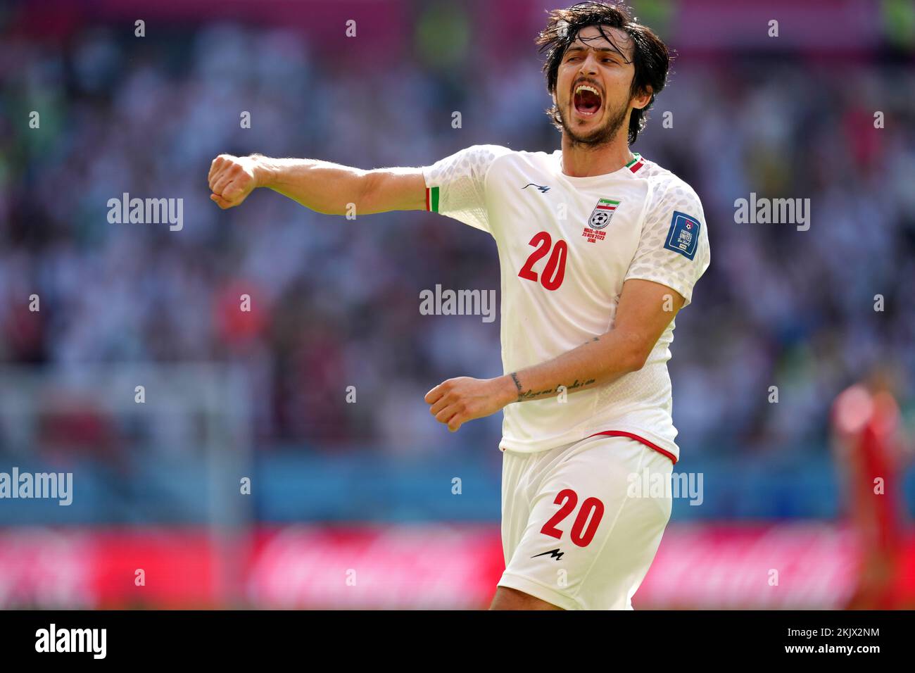 Iran's Sardar Azmoun celebrates prior to his goal being disallowed ...
