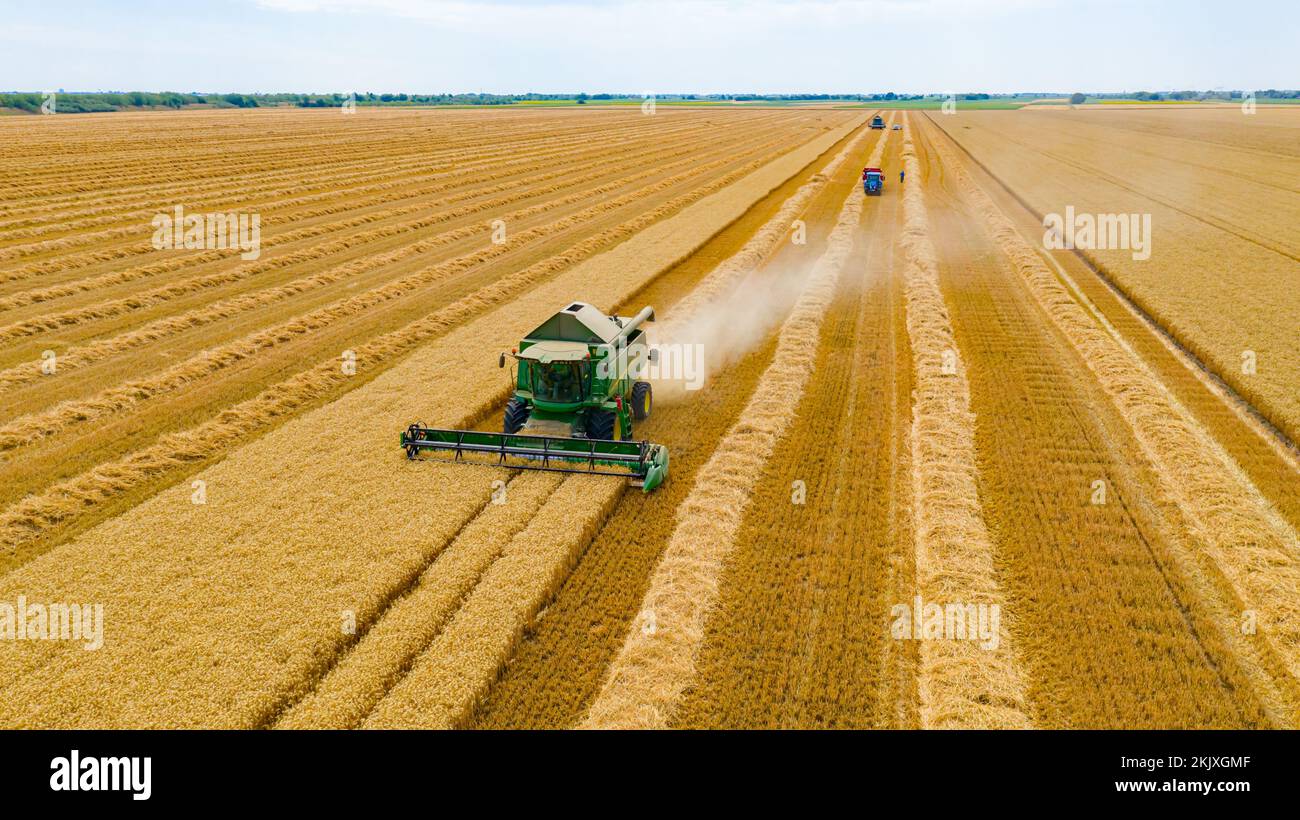 Aerial view on tractor two trailers taking position for transshipment ...