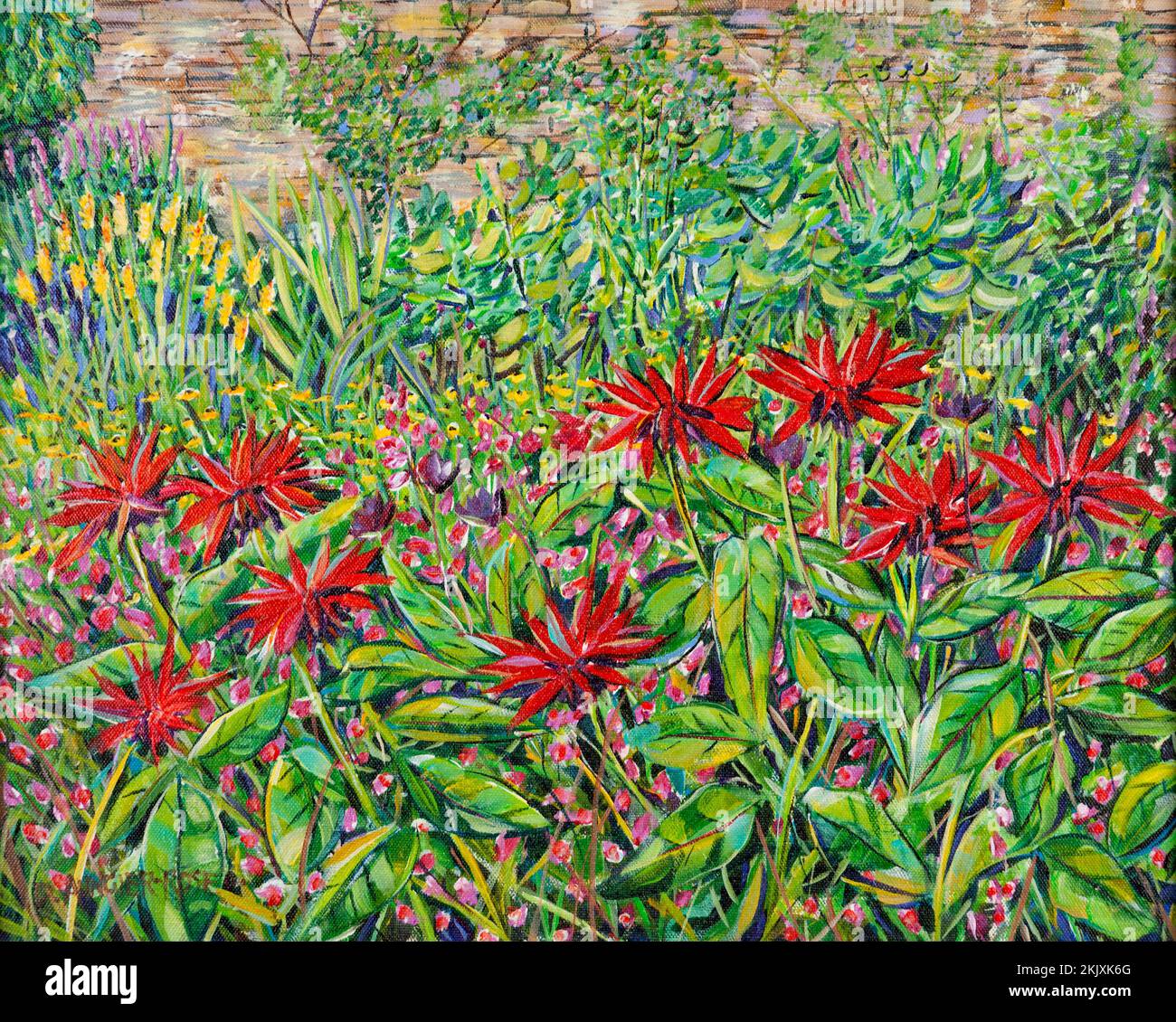 Vibrant multi-colored original acrylic painting close up detail showing ...