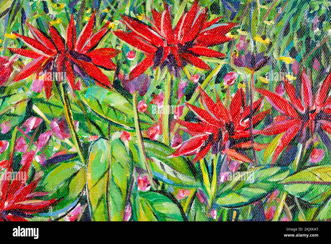 Vibrant multi-colored original acrylic painting close up detail showing ...