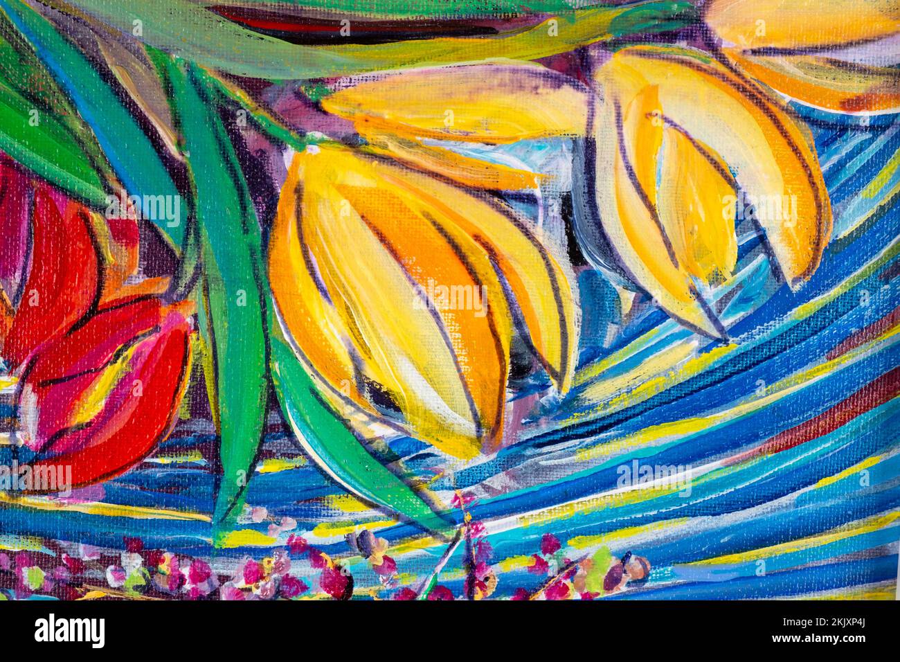 Vibrant multi-colored original acrylic painting close up detail showing ...