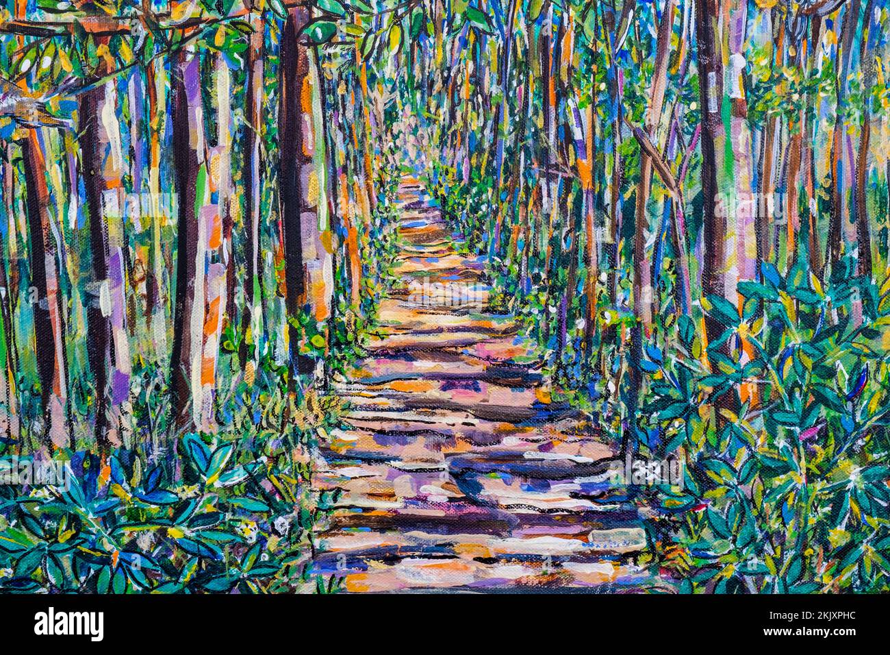 Vibrant multi-colored original acrylic painting close up detail showing ...