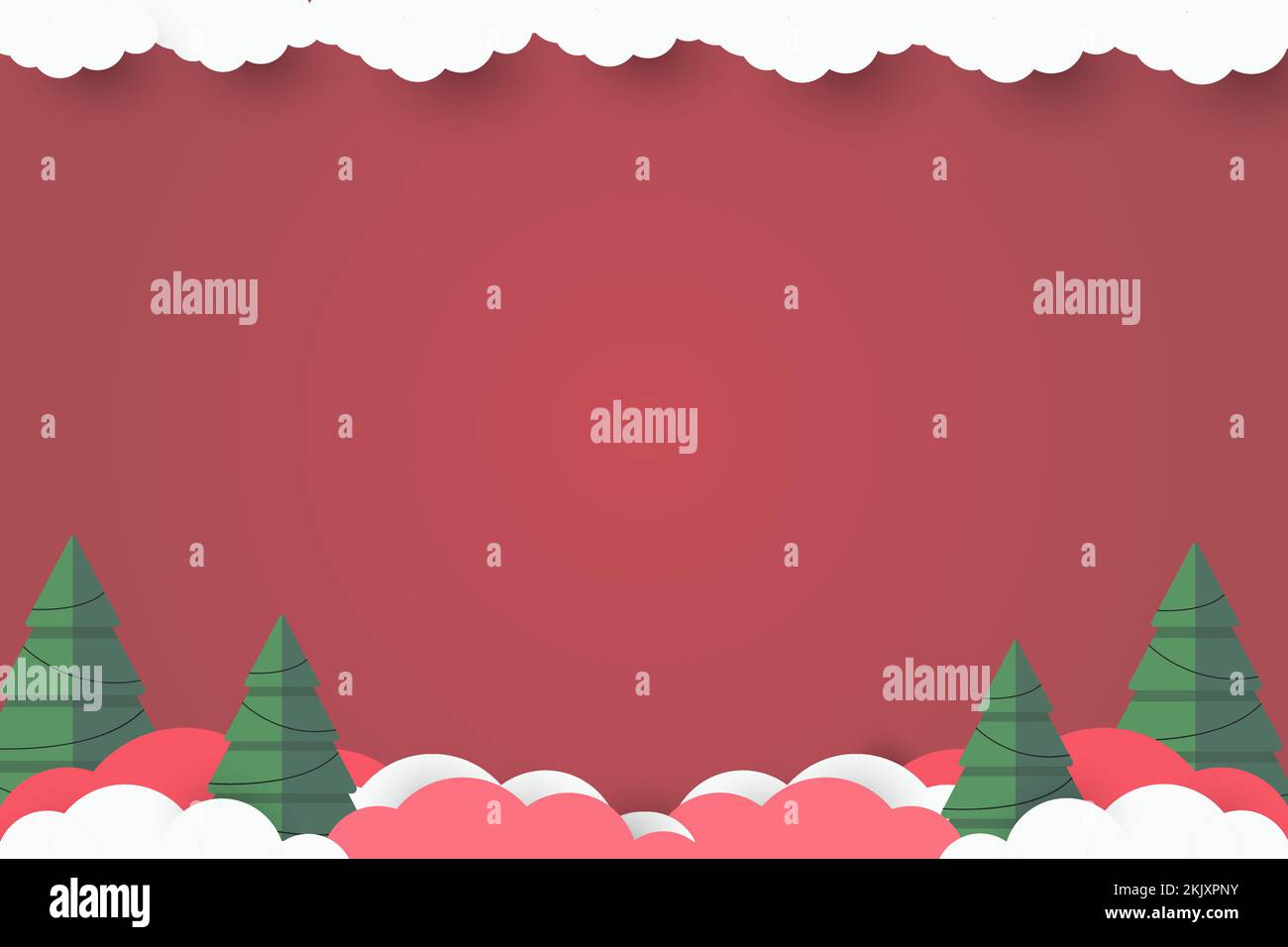 green christmas tree on red paper art abstract background with sky and ...