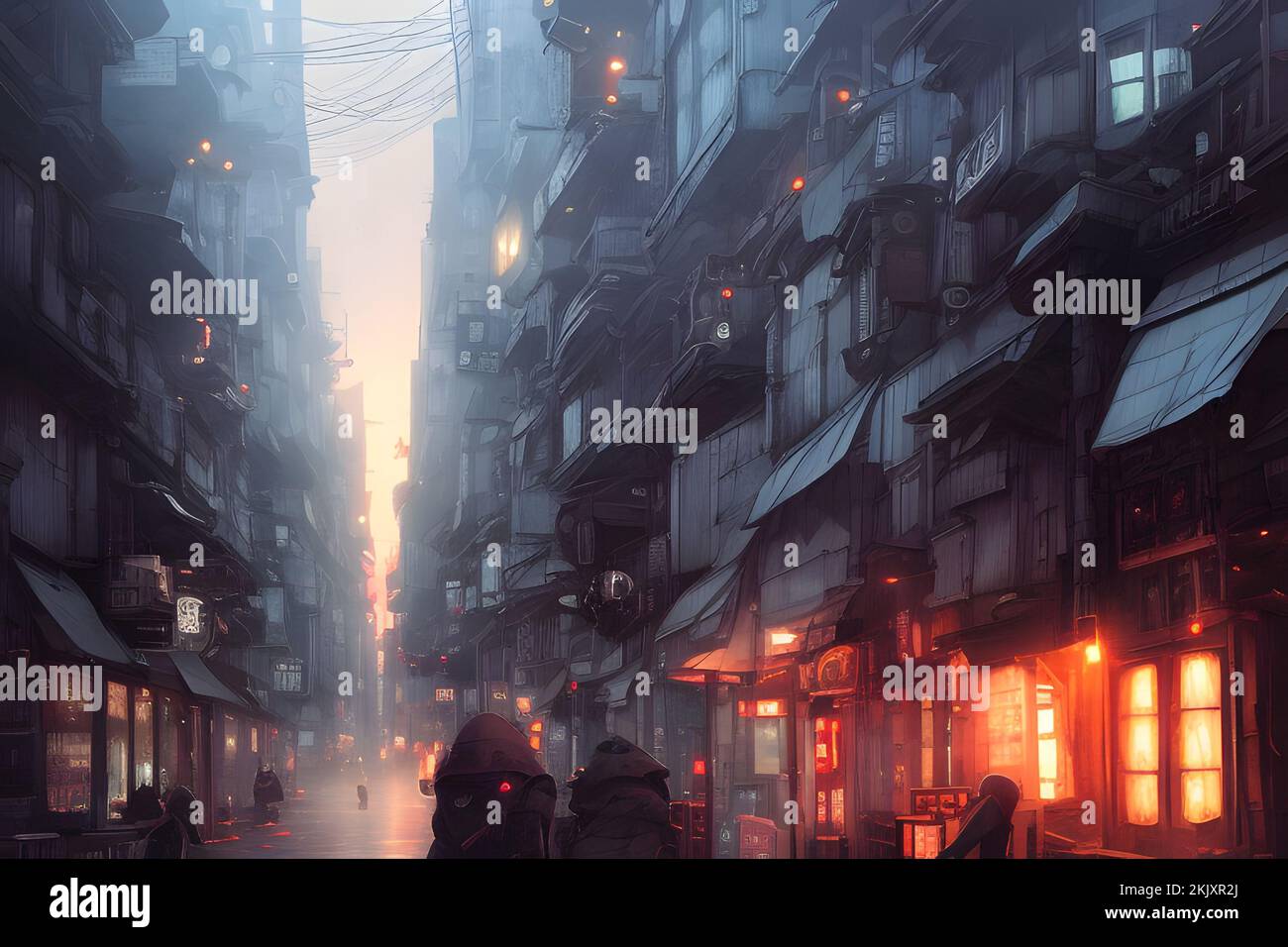 Illustration of a beautiful city street at night Stock Photo - Alamy