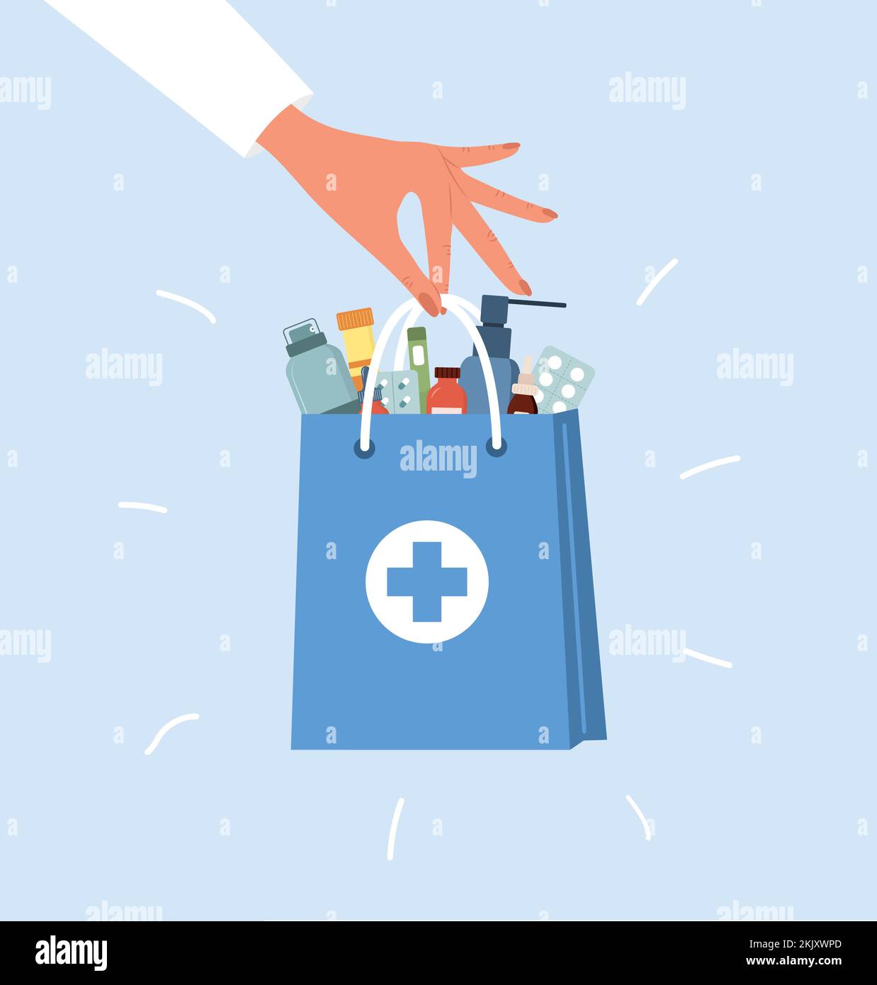 Delivery pharmacy service. Human hand holding paper bag with drugs and ...