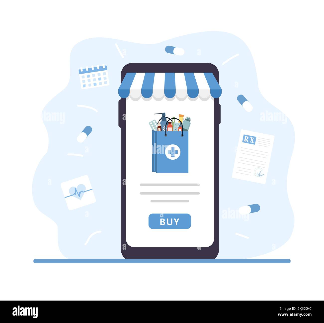 Online pharmacy service. Purchase of medicines on mobile phone screen ...