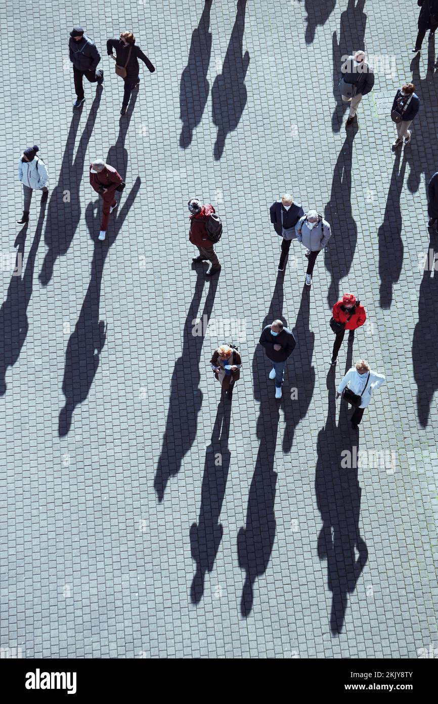 large group of people walking around the city, Bilbao city, basque ...