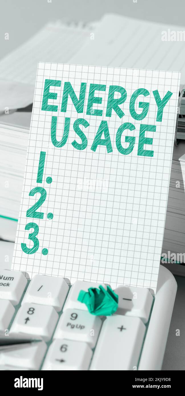 Text sign showing Energy Usage. Word for Amount of energy consumed or ...