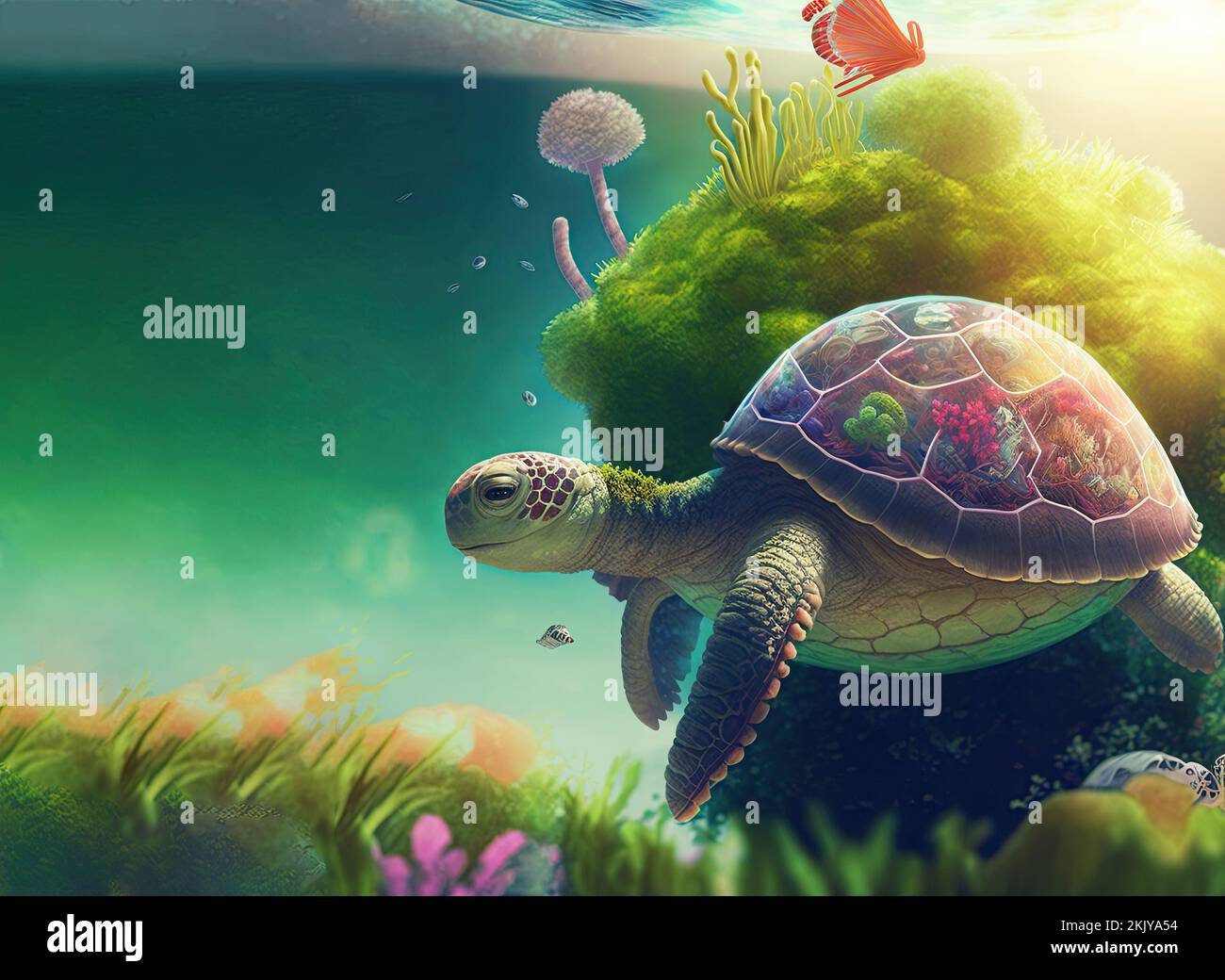 In the Maldives, a green sea turtle swims through blue water amongst ...