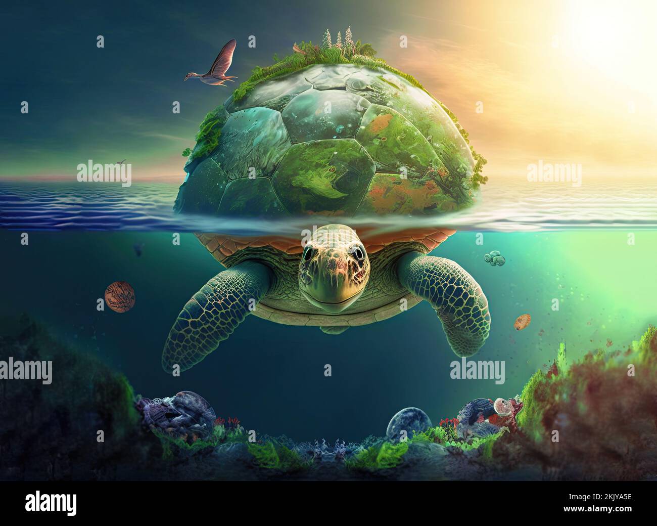 An underwater view of a tropical island with birds and coral reef made ...