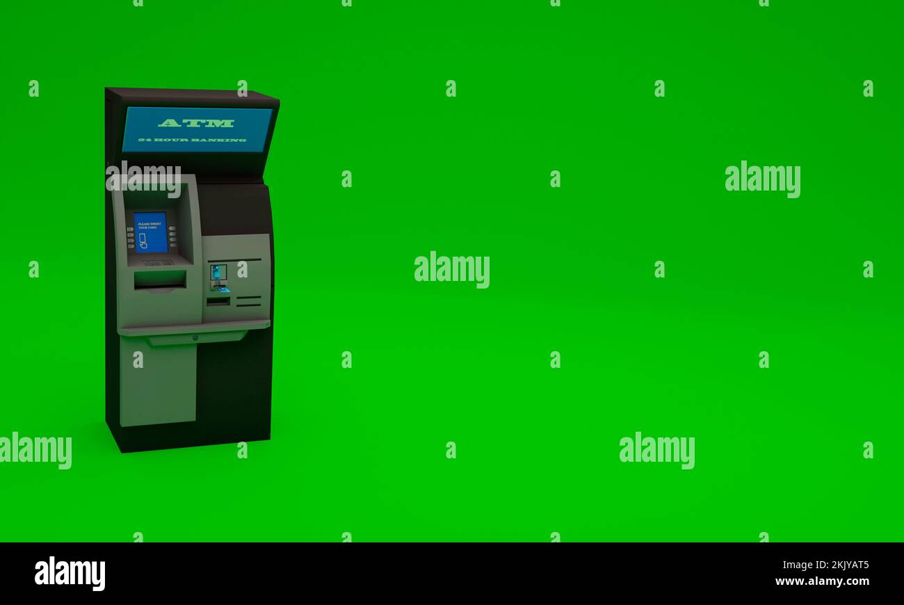 A 3D illustration of an ATM on a green background with a copy space ...