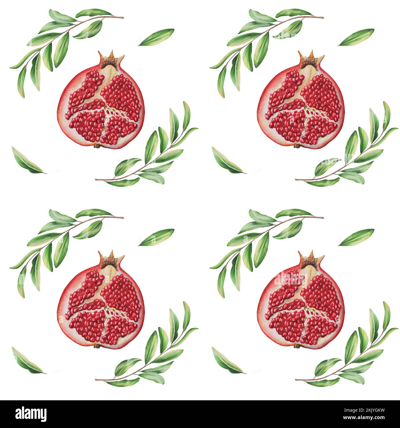 Watercolor seamless pattern with ripe pomegranate half cutted with ...